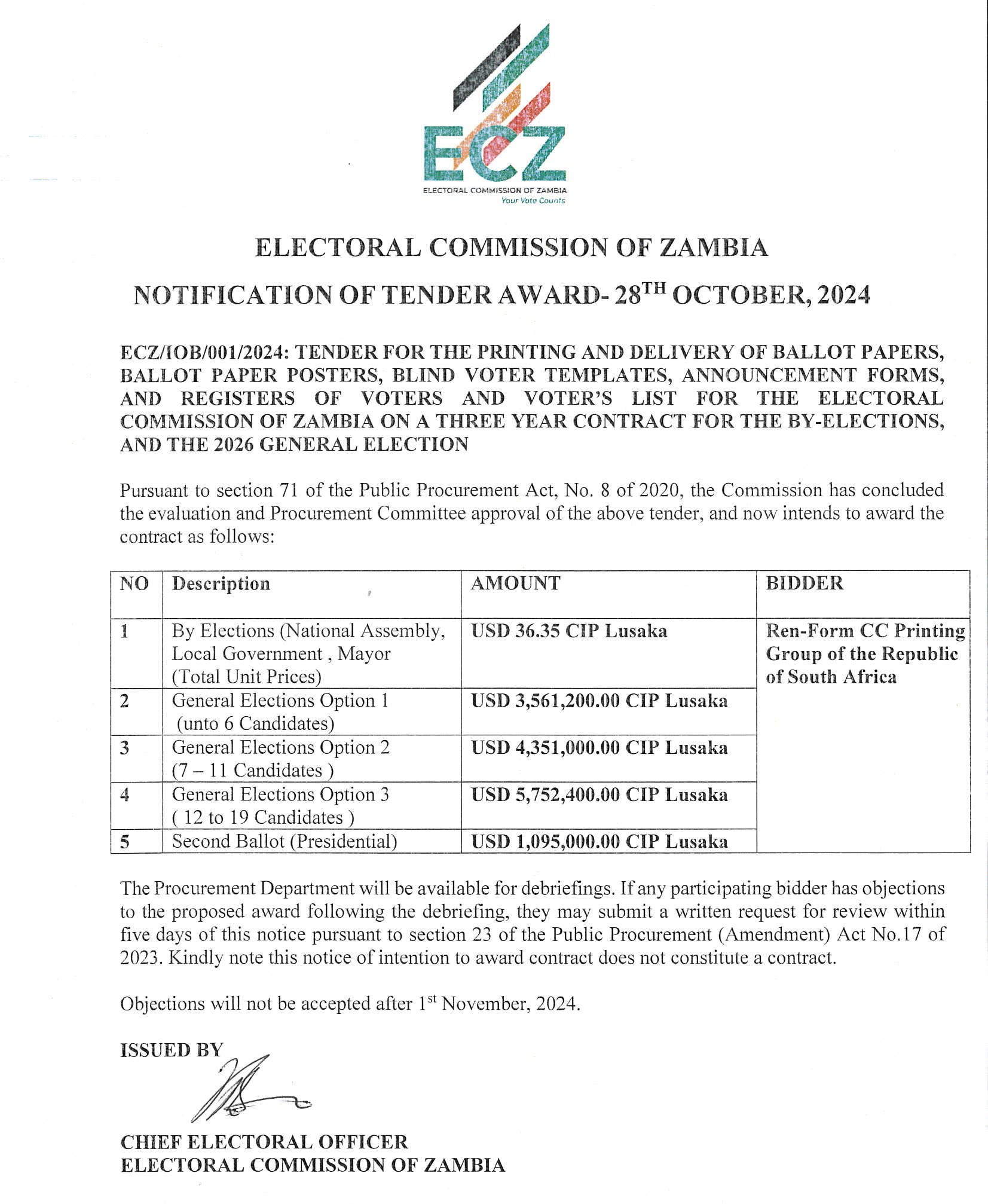 NOTIFICATION OF TENDER AWARD- 28TH OCTOBER, 2024